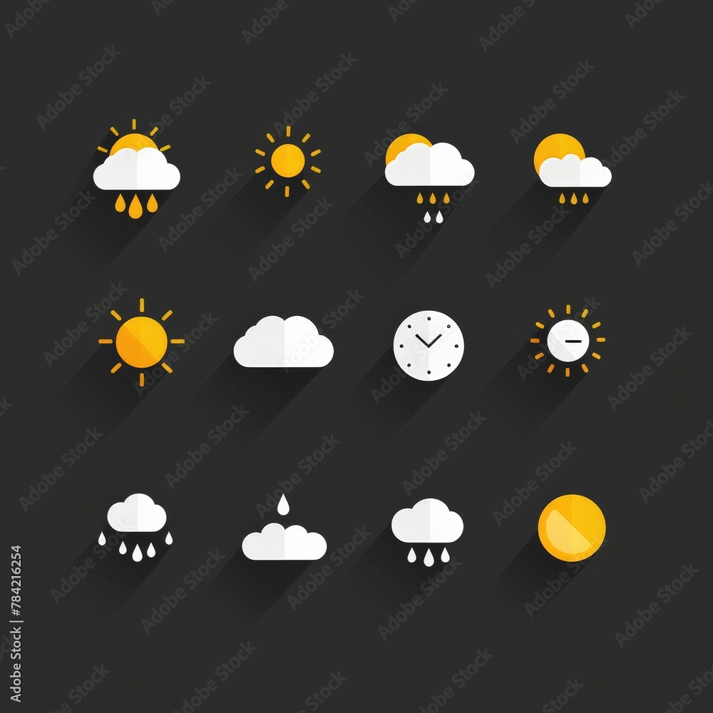 Minimalist icon set of weather symbols: sun, rain, clouds, and snow ...