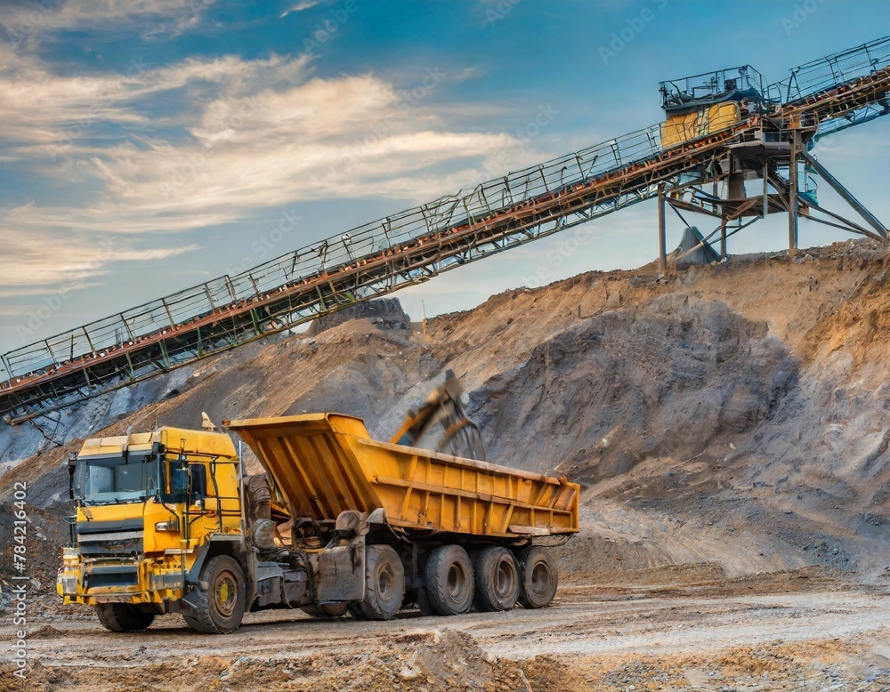 mining activity with excavators, trucks and conveyor belts in a harsh ...