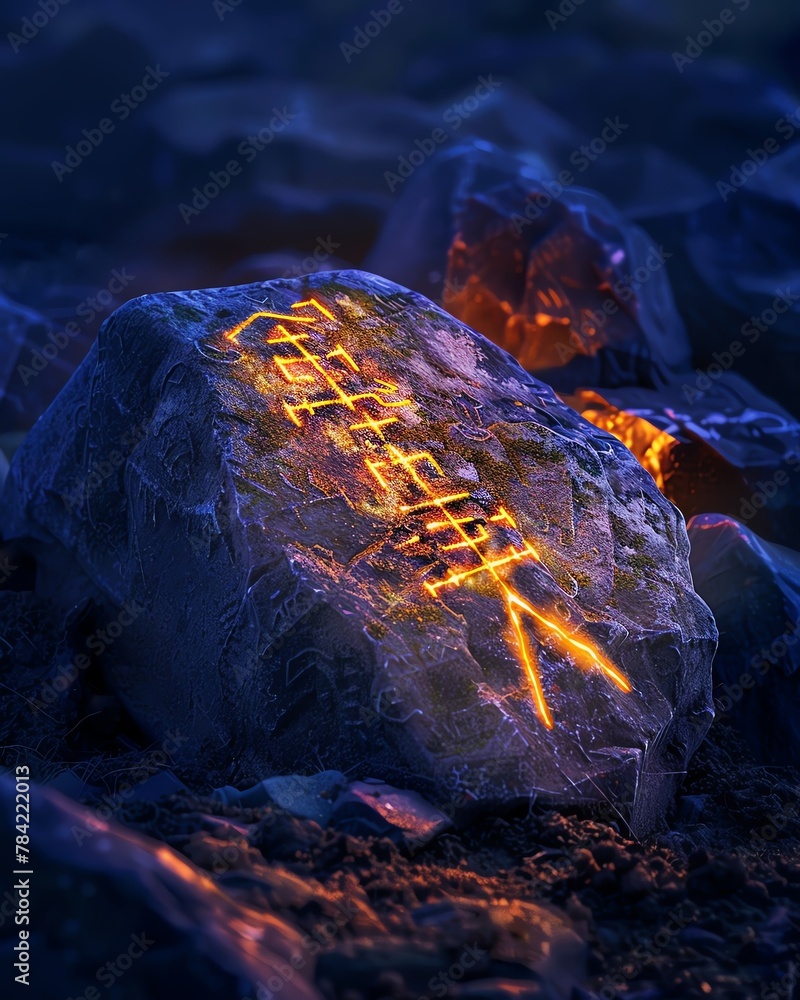 Mystic runes inscribed on a stone, emitting a mystical light from its ...