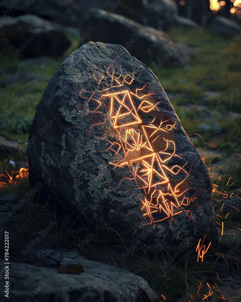 Mystic runes inscribed on a stone, emitting a mystical light from its ...