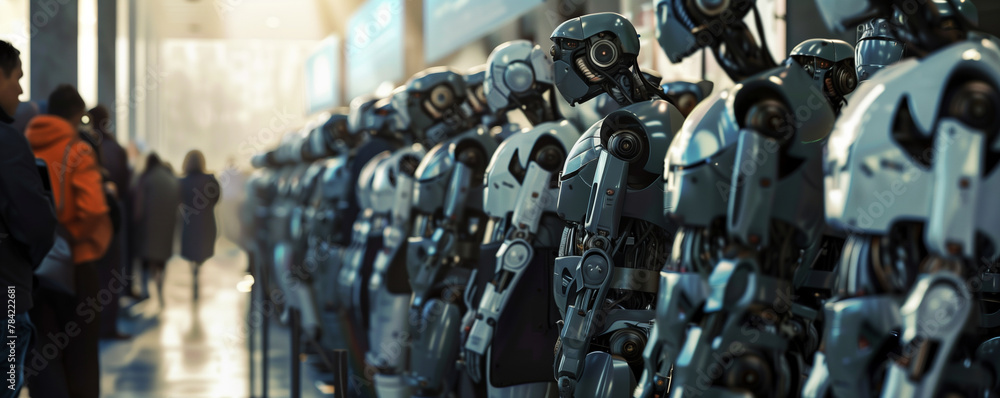 displaced workers standing in line at a job fair, overshadowed by ...