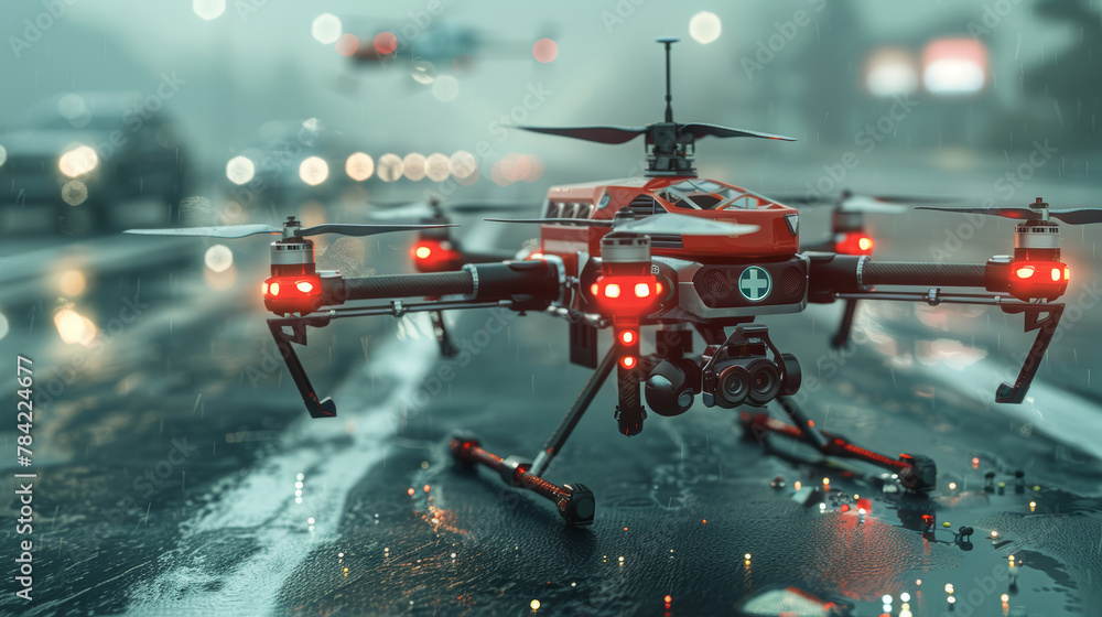 A red and white drone with a red cross on its side is flying over a wet ...