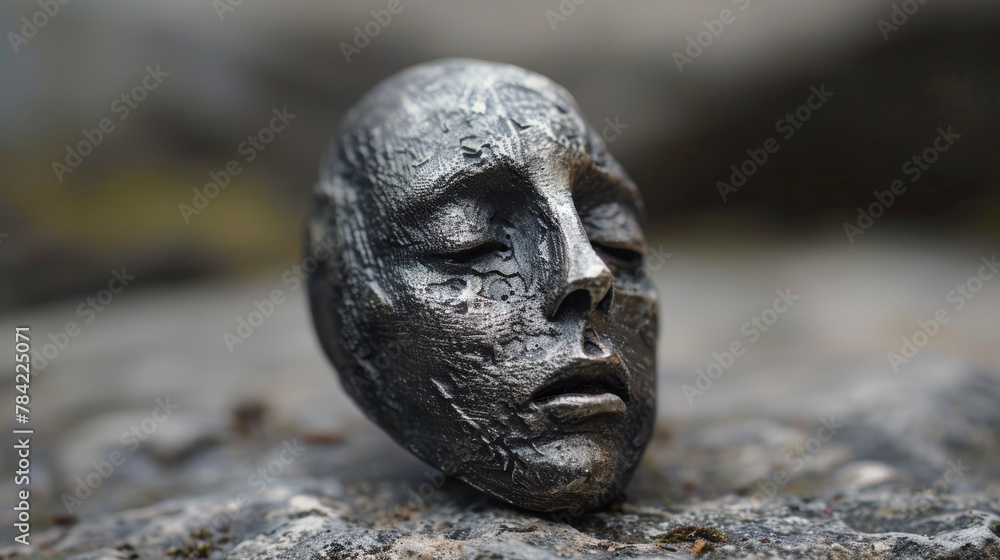 A headless statue of a person is sitting on a rock. The statue is made ...