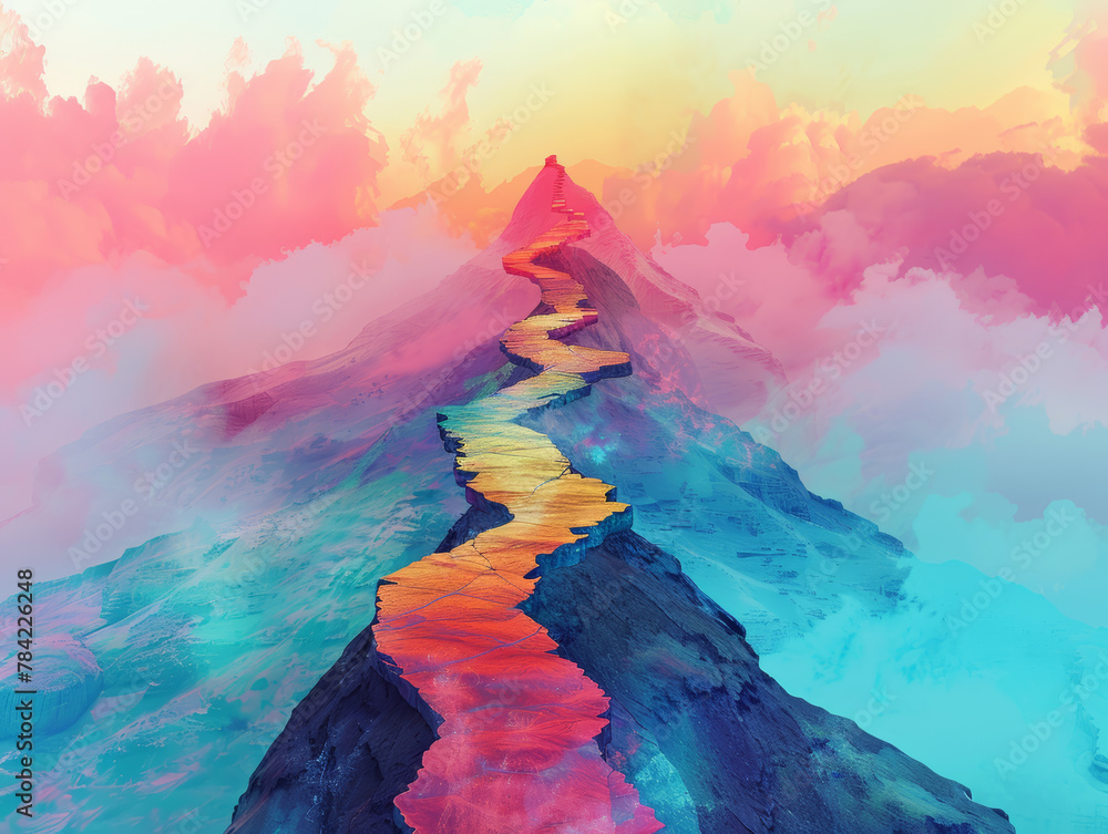 A mountain range with a rainbow colored path leading up to it. The ...
