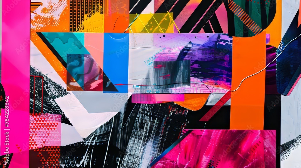 Collage of vibrant shapes, meticulously layered to emphasize depth and ...