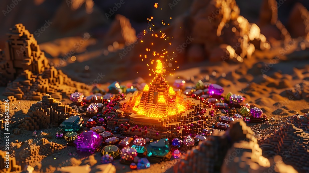 Craft a clay sculpture depicting a pixel art campfire glowing amid ...