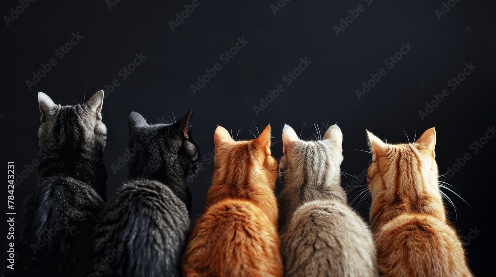 Five cats are captured in a unique moment where they line up and face ...