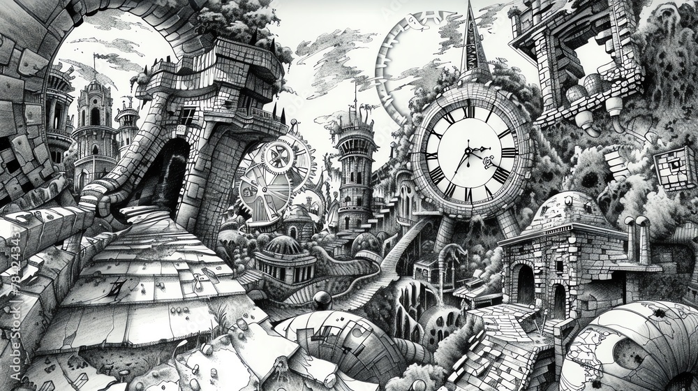 Craft a whimsical pen and ink drawing of a paradoxical situation where ...