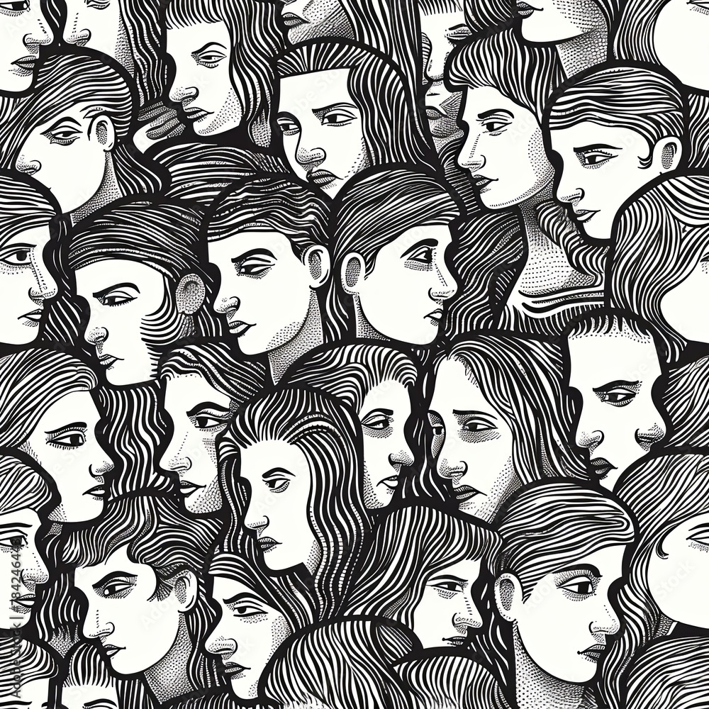 The black and white drawing shows a crowd of people and we see many of ...