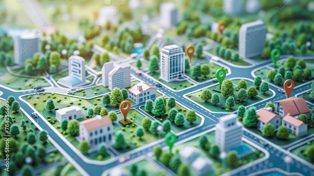 Community Mapping: A 3D vector illustration of a map with pins ...