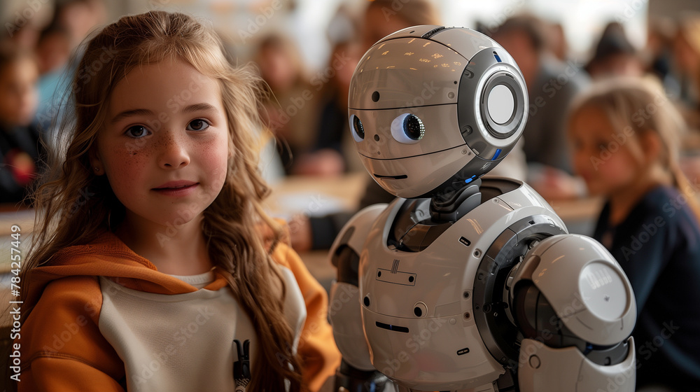 humanoid robot interacting with children in a classroom Stock Photo ...