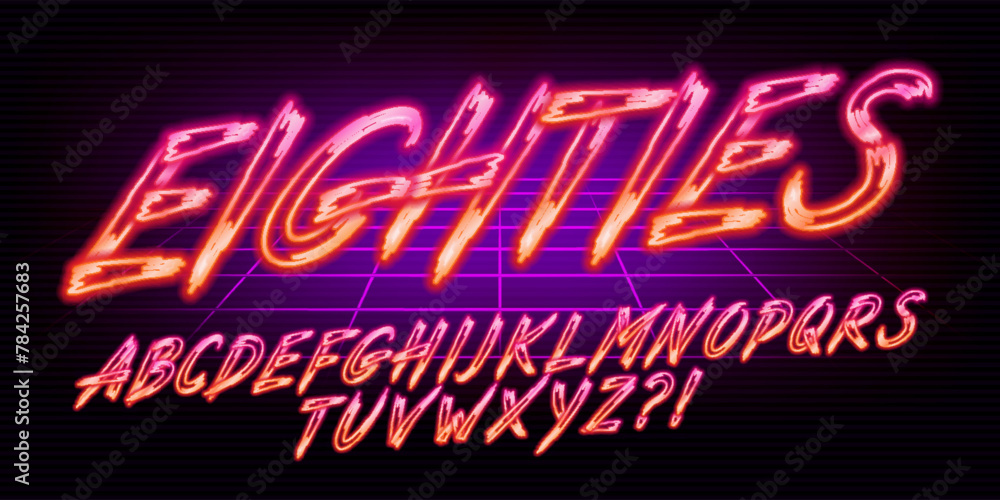 Eighties alphabet font. Glowing neon script letters and numbers. Stock ...
