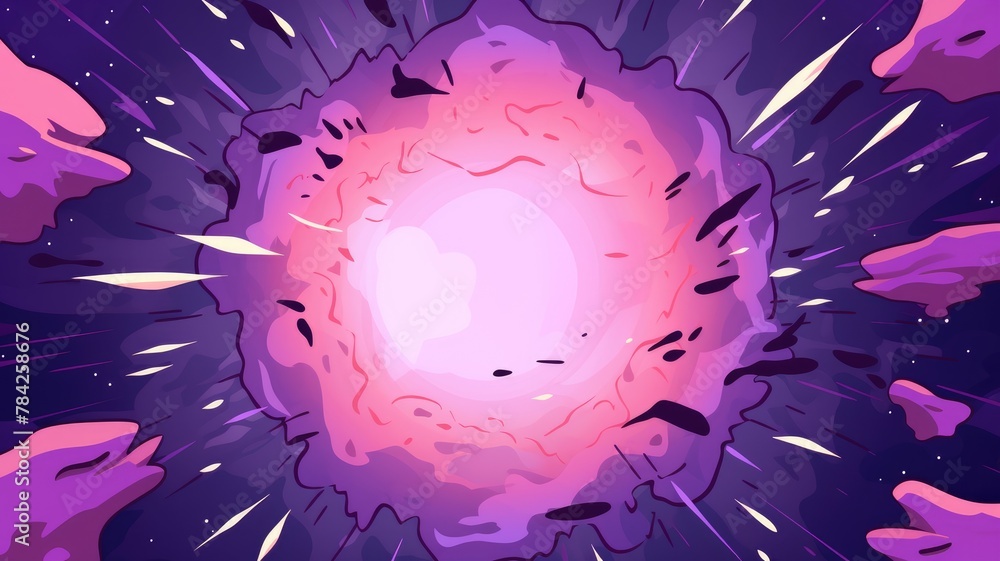 Cartoon purple fire explosion game design. Bomb boom comic effect ...