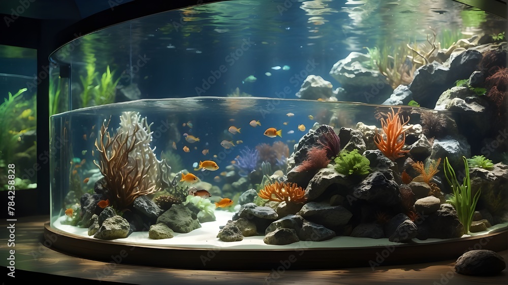 {A photorealistic image depicting an aquarium filled with a variety of ...