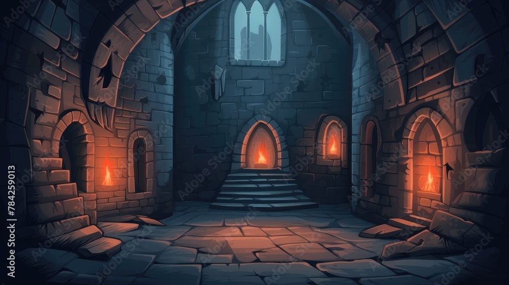 Castle dungeon interior with stone brick walls and torches, mystical ...
