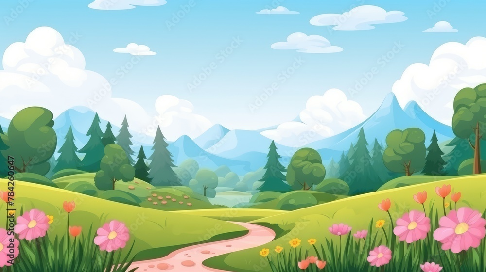 vibrant cartoon landscape with lush hills, a meandering path, and a ...