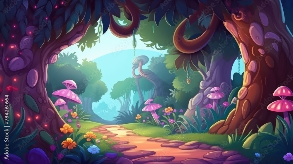 whimsical forest path lined with mystical trees and glowing mushrooms ...