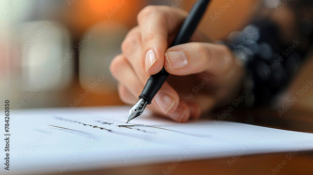Detailed view of a hand signing a formal document with a black fountain ...