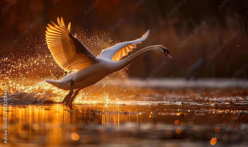 Elegant swan gracefully gliding over the water, wings spread wide ...