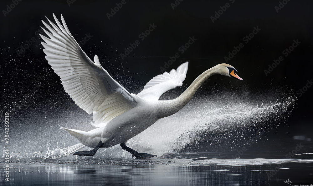 Elegant swan gracefully gliding over the water, wings spread wide ...