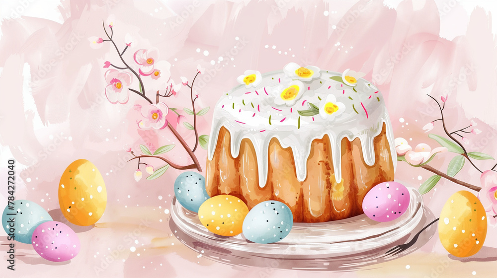 Large Easter cake. The cake is adorned with colorful decorations. The ...