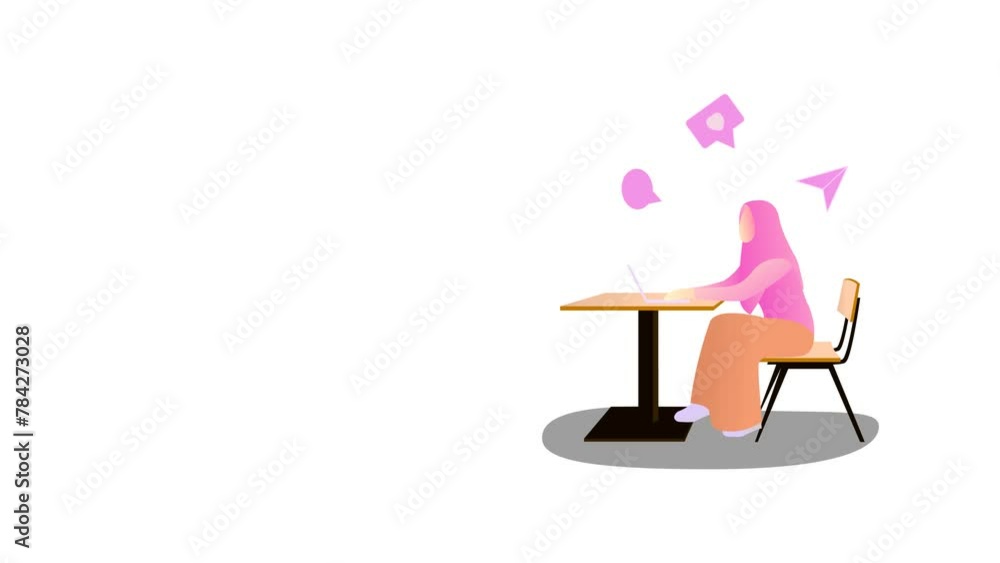 Muslim hijab woman working on laptop as a content creator 2D character ...