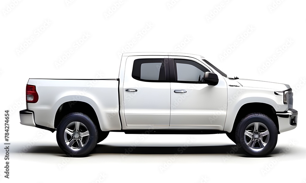 Side view of a white pickup truck, stark contrast on a pure white ...