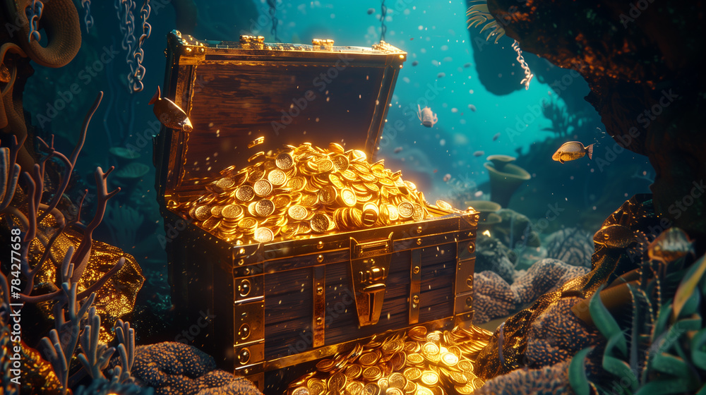 A treasure chest full of gold coins is sitting on the ocean floor. The ...
