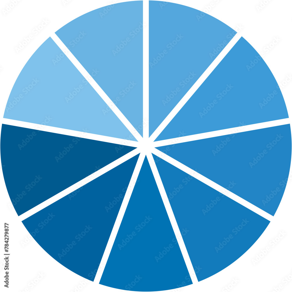 Single blue gradient separate round piecharts icon with 9 parts. Morden flat design vector ...