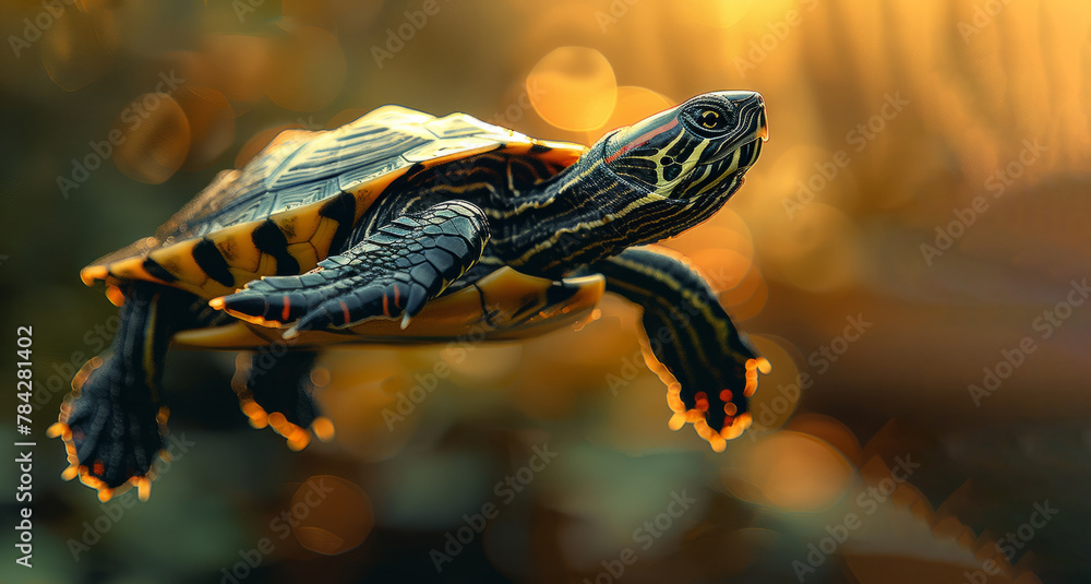 A turtle is flying through the air. The turtle is black and yellow ...