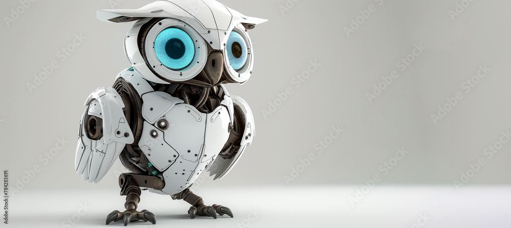 A robot owl with blue eyes stands on a white background. The robot owl ...