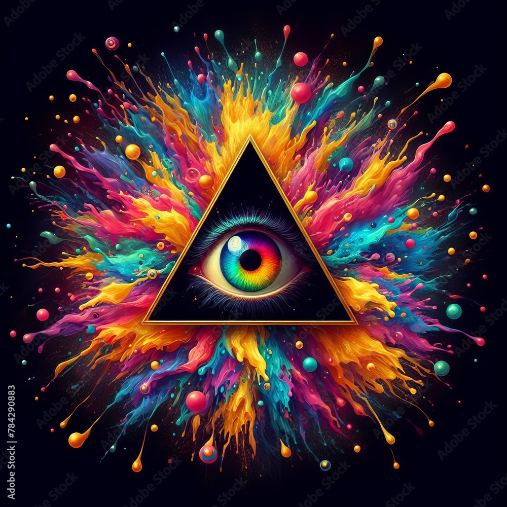 A striking image of an all-seeing eye amidst a vibrant nebula of paint ...