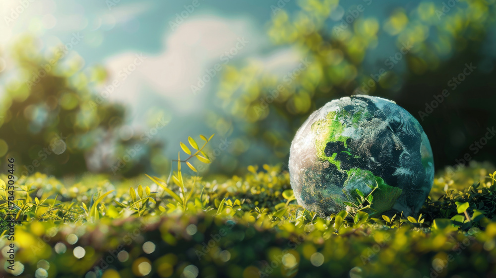 Green forest with the Earth global planet that tree growing from inside ...