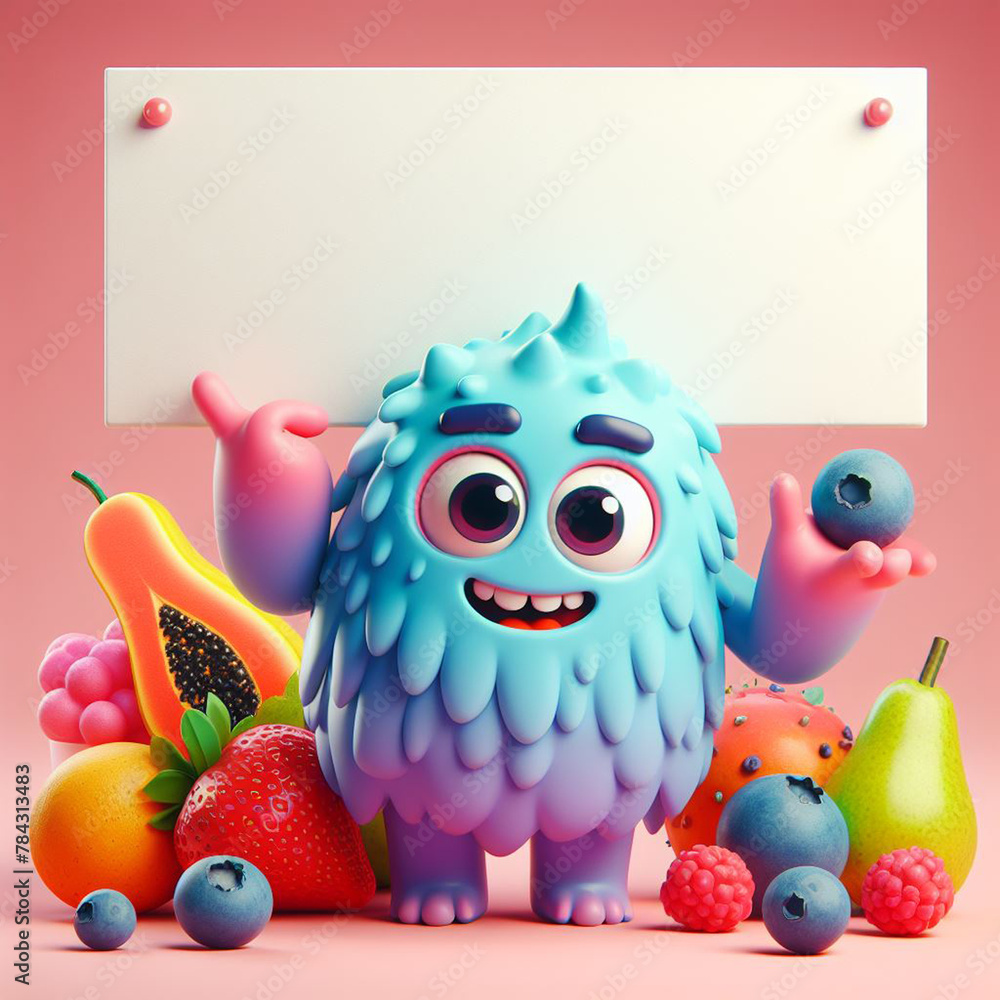 cute monster holding up a blank sign, colorful cartoon character, empty ...