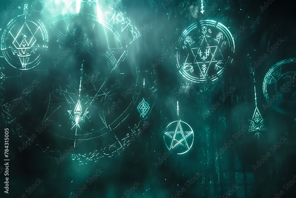 Mysterious arcane symbols and sigils floating in a dark, void like ...