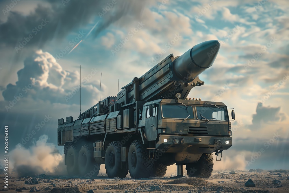 A military missile attack launchpad truck looms ominously, representing ...