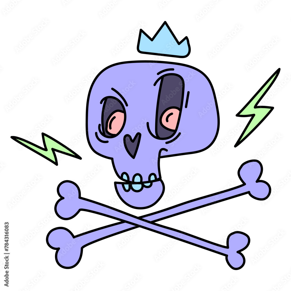 Cute cartoon skull with crown hand drawn. Funny skull sticker for ...