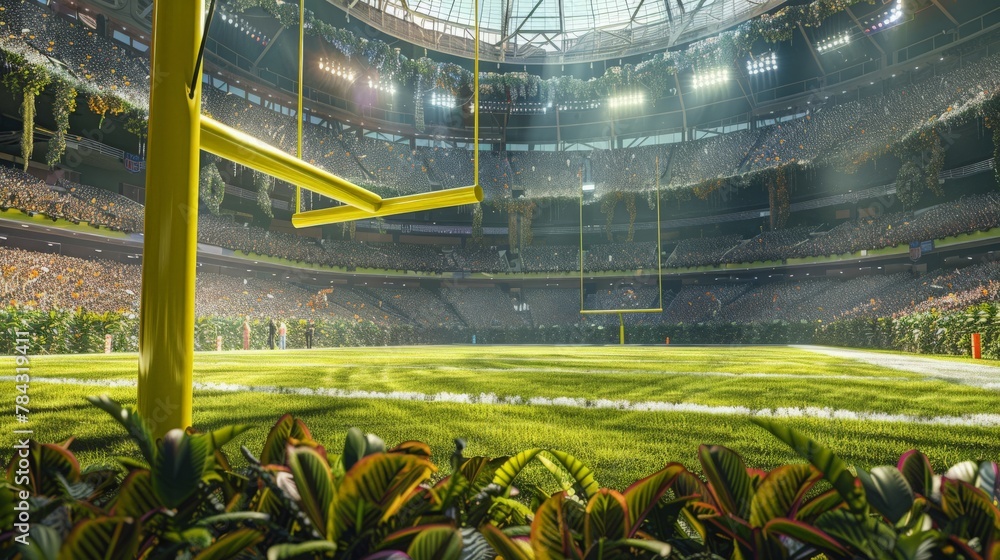 Depict an iconic American football arena scene: a yellow goal post ...