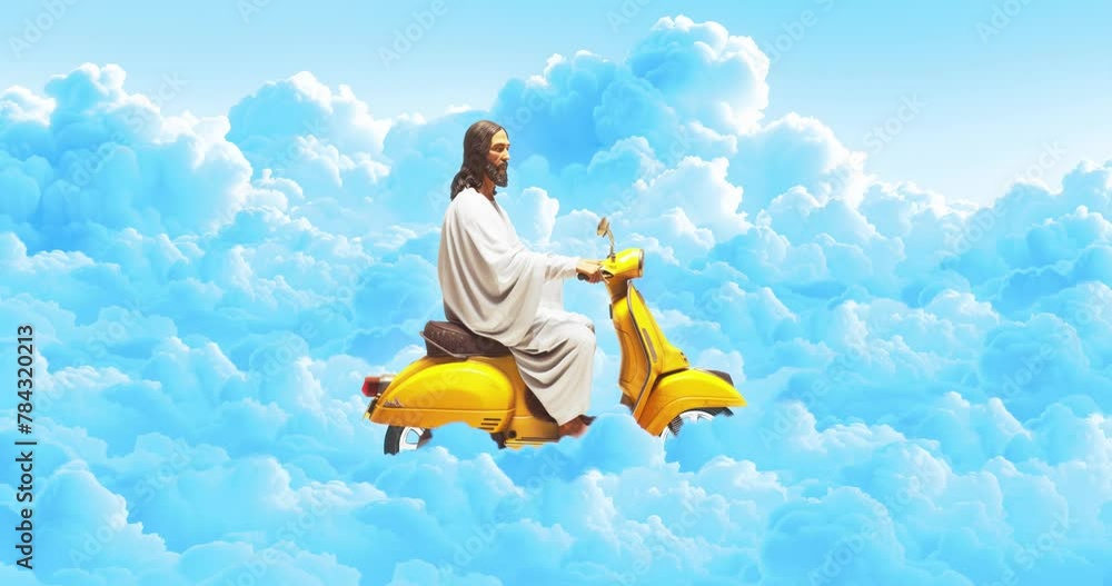 Chill loop animation collage. Jesus rides a scooter somewhere in heaven ...
