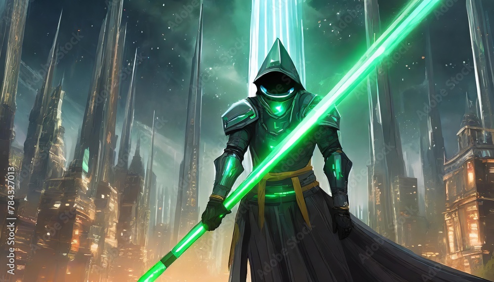 Jedi stands with a glowing green energy blade in a high-tech cityscape ...
