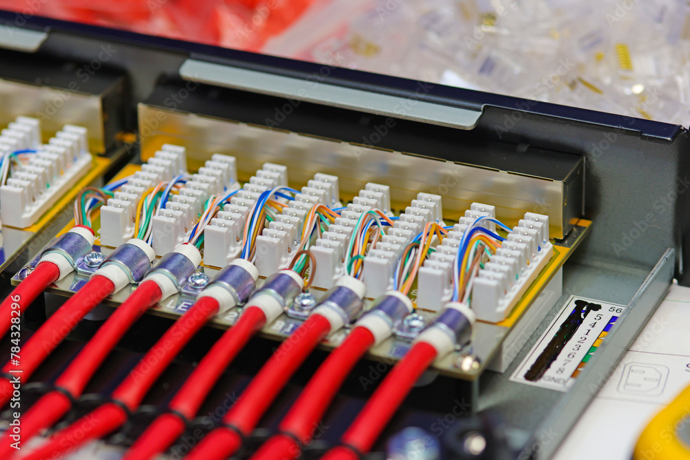 Patch panel with connected twisted pair wires. To connect an Ethernet ...