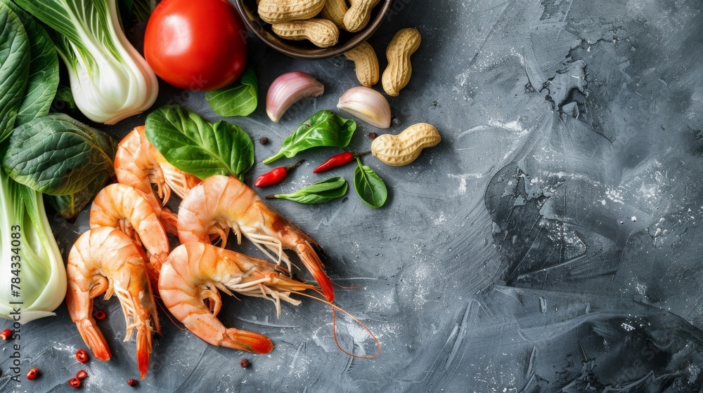 Flying wok ingredients - shrimp, vegetables, pak choi leaves, onions ...