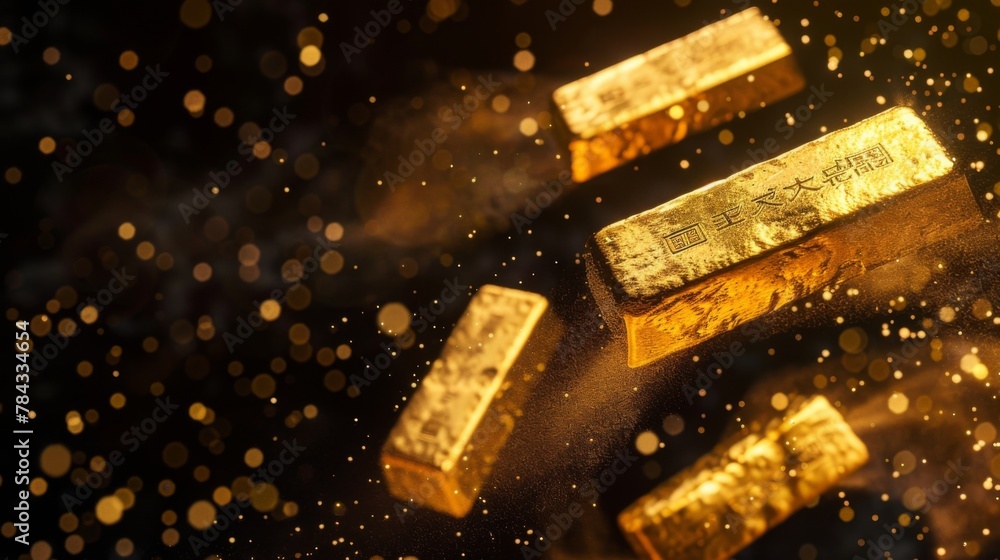 Gold Ingot Chinese Money bar token fly with dust particle in air ...
