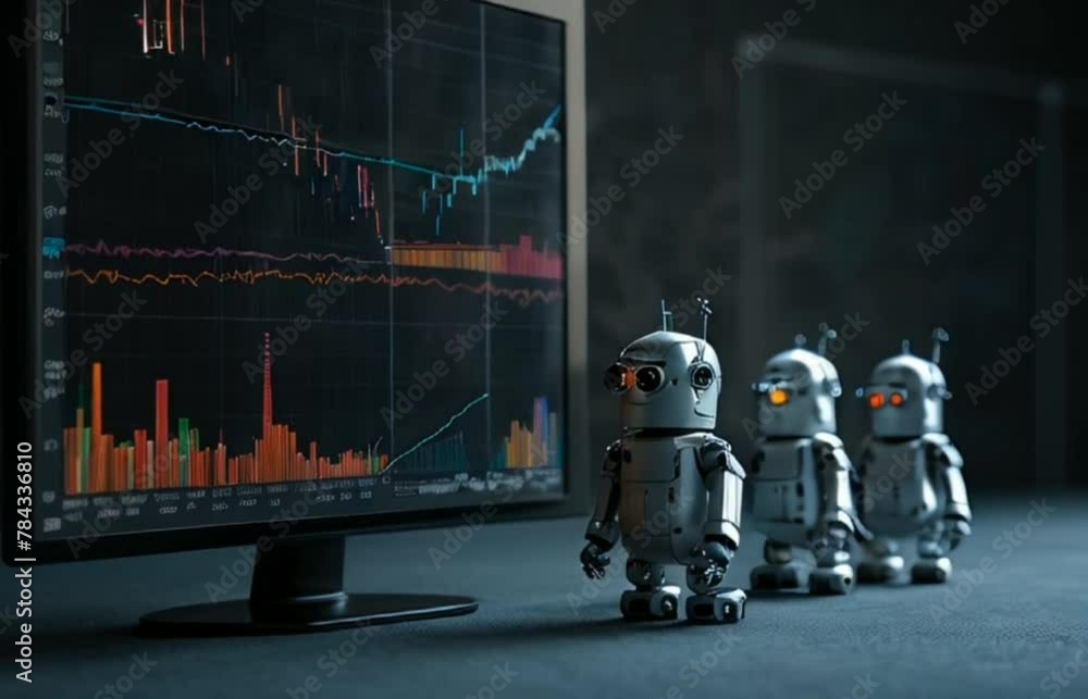 Three robots looks graph chart on biggest screen, robots looking analytics report on screen ...