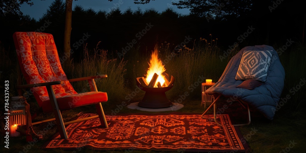 Enjoying a campout in the forest with a warm bonfire and tent under the ...