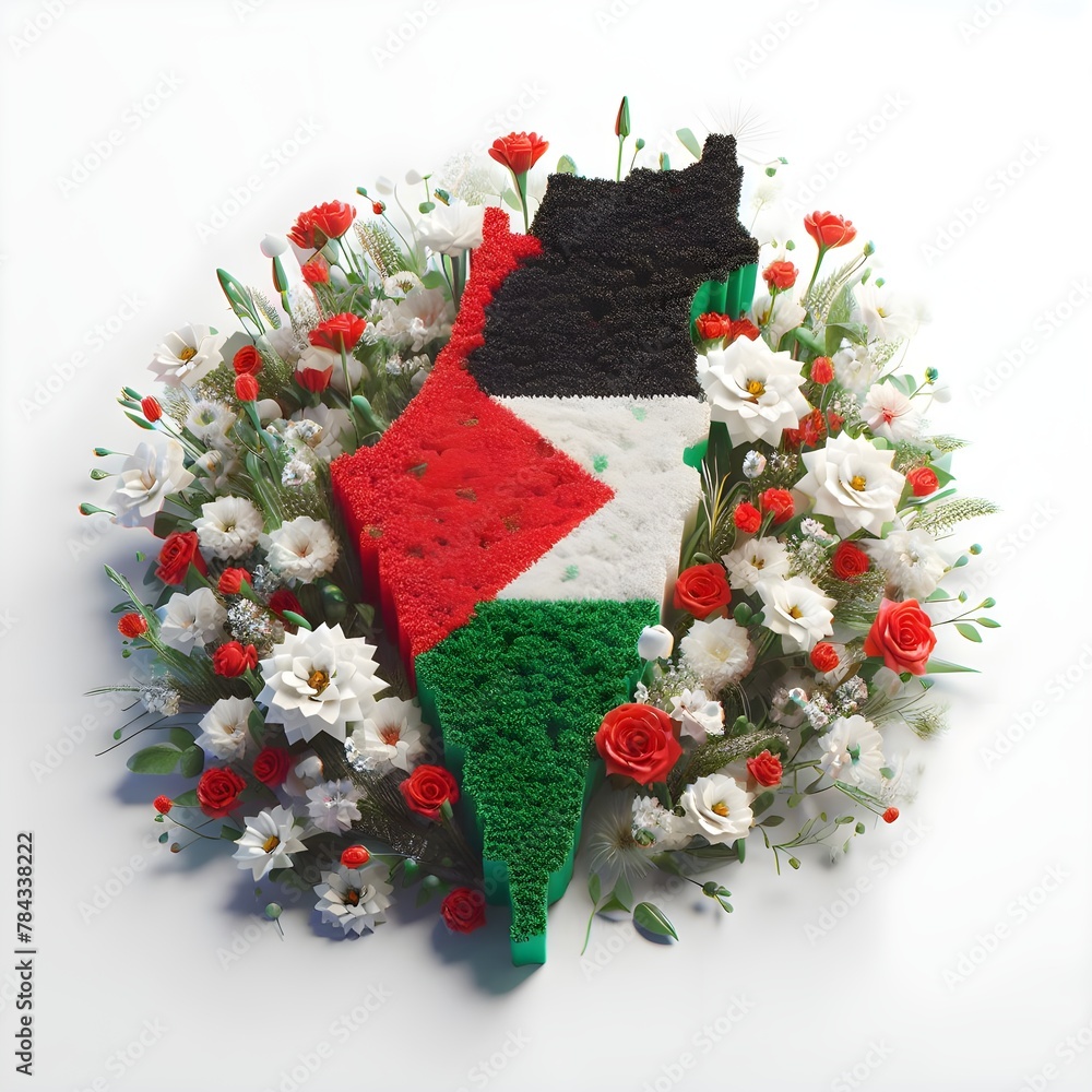 3d render of Palestine map with flowers and Palestine flag inside the ...