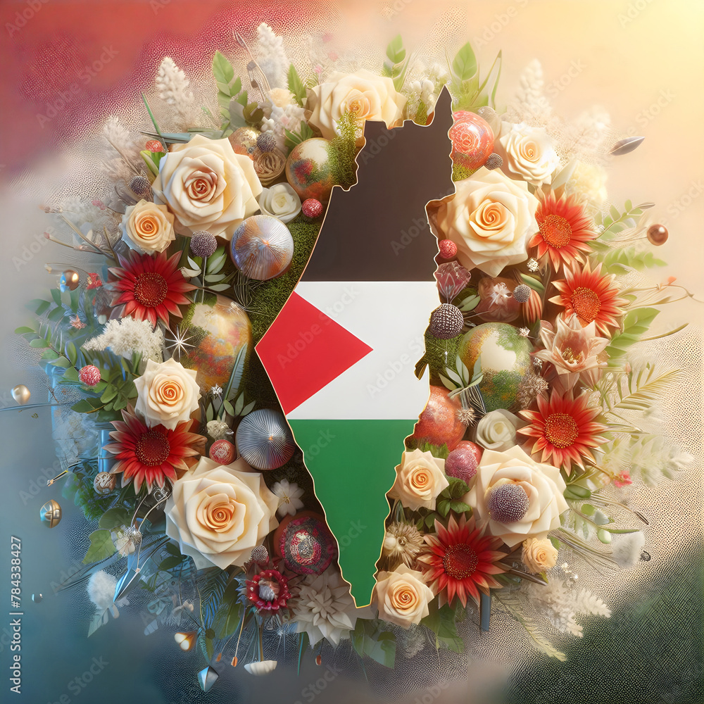 3d render of Palestine map with flowers and Palestine flag inside the ...