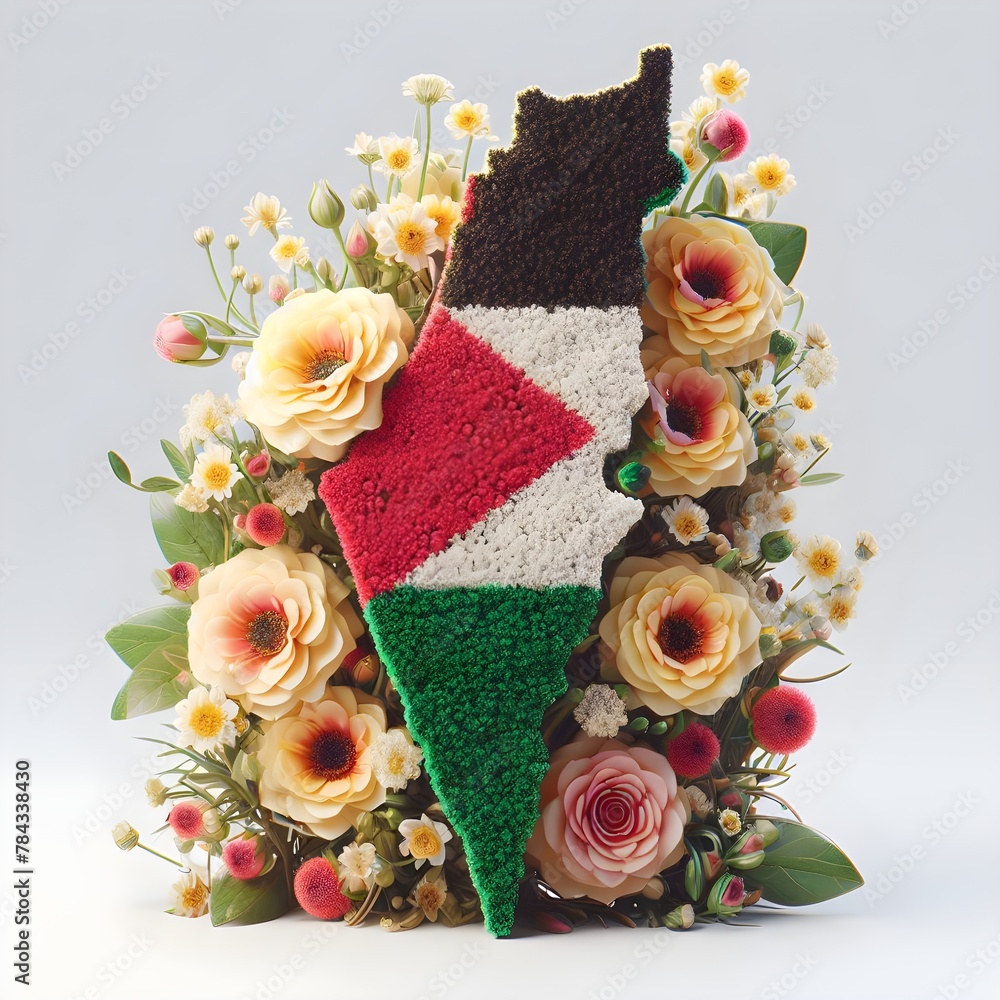 3d render of Palestine map with flowers and Palestine flag inside the ...