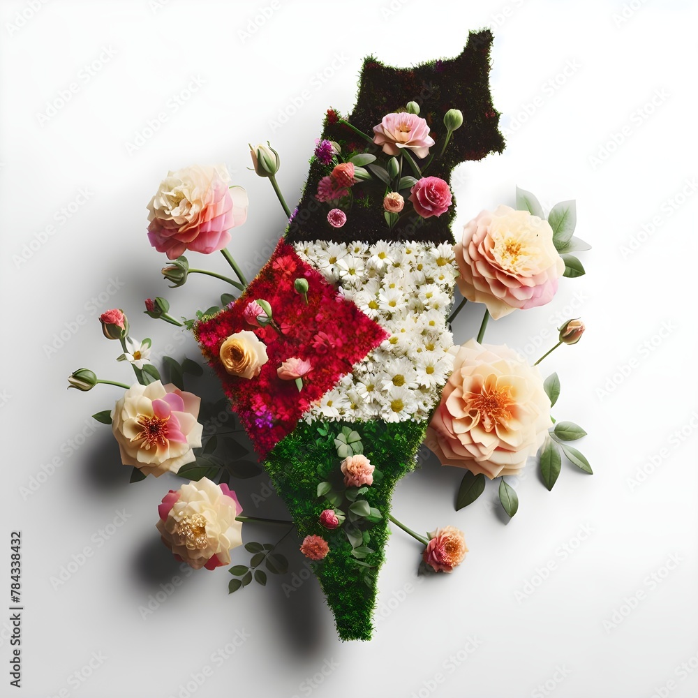 3d render of Palestine map with flowers and Palestine flag inside the ...