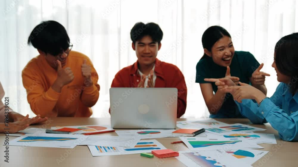 Excited and happy startup company employee celebrate after make ...